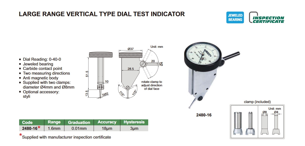 Large Range Vertical Type Dial Test Indicator | Insize 2480-16 | Range ...